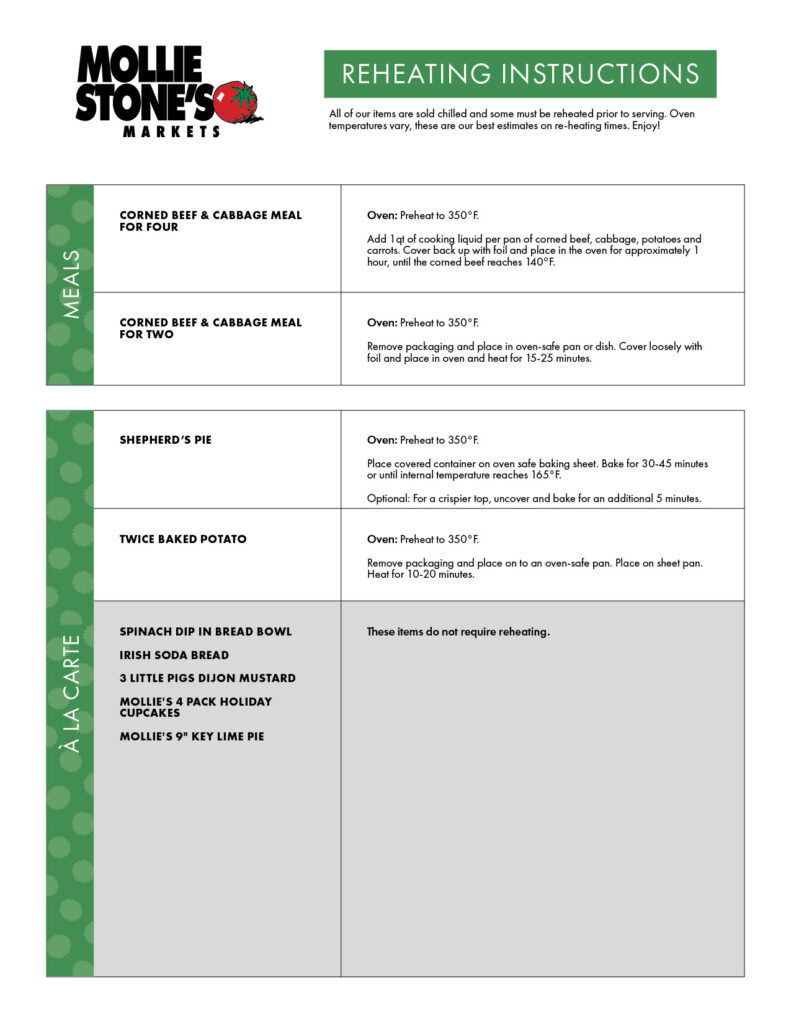 Catering Reheating Instructions - Mollie Stone's Market - Specialty ...
